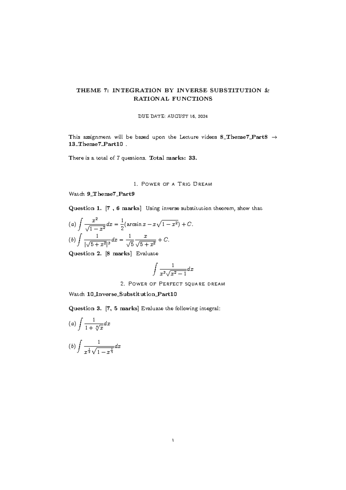 Assign 13 2024 - THEME 7: INTEGRATION BY INVERSE SUBSTITUTION ...