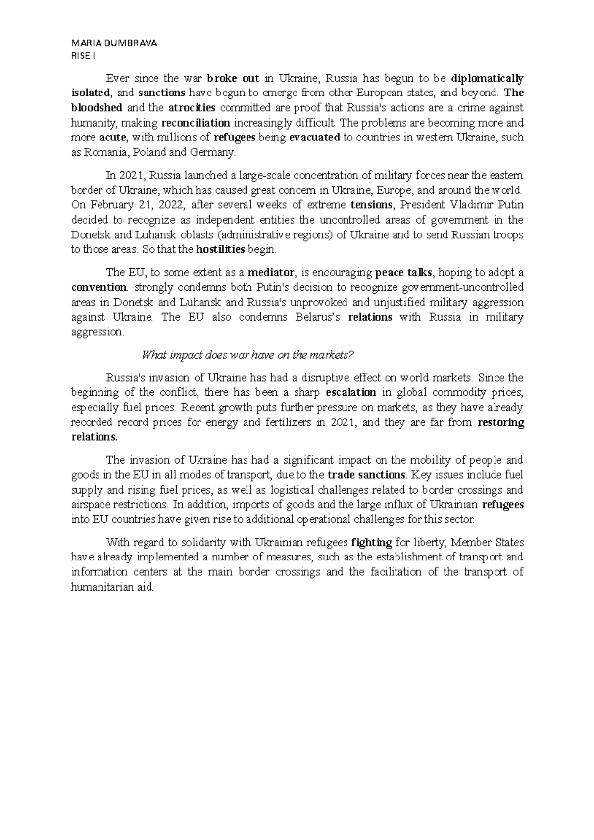 Homework - EUROPE 20th century - MARIA DUMBRAVA RISE I Ever since the ...