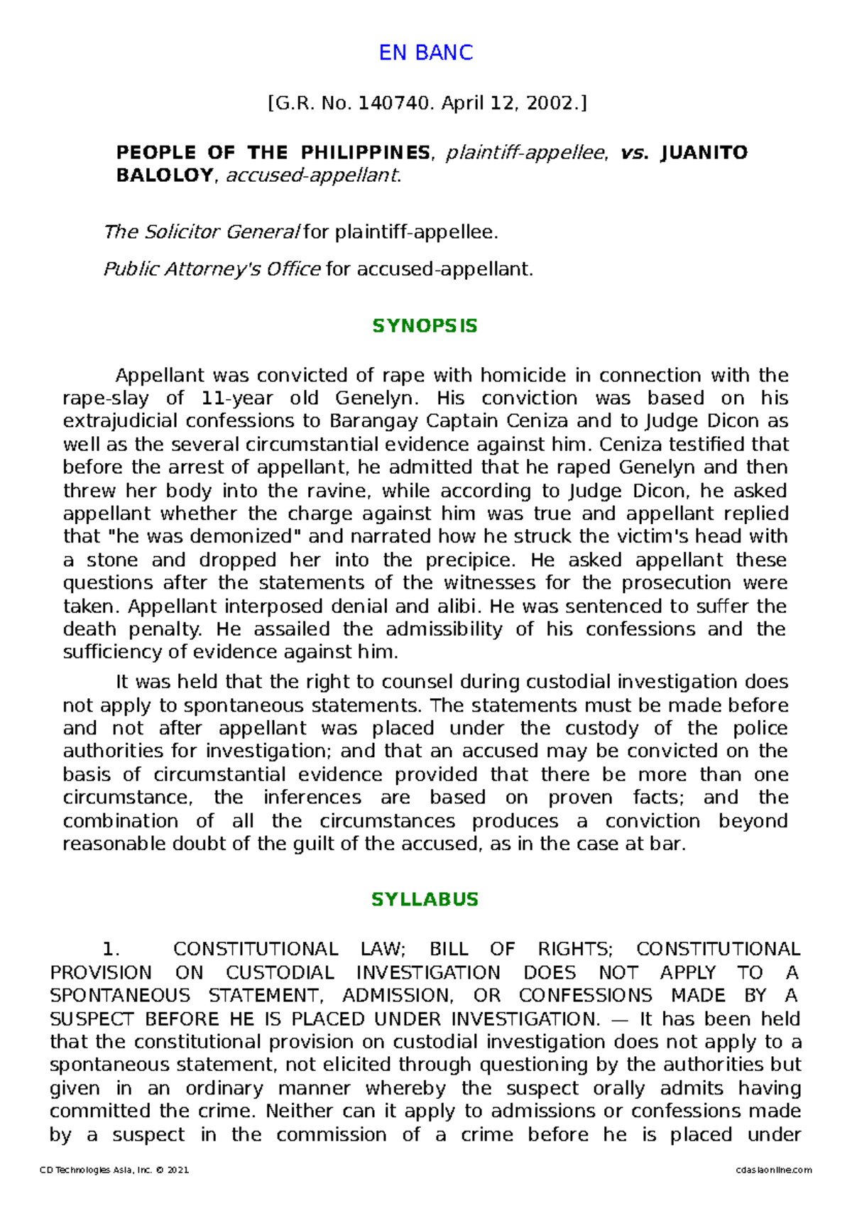 3-People v - Case digest on People v. Baloloy. Facts, issues, and ...