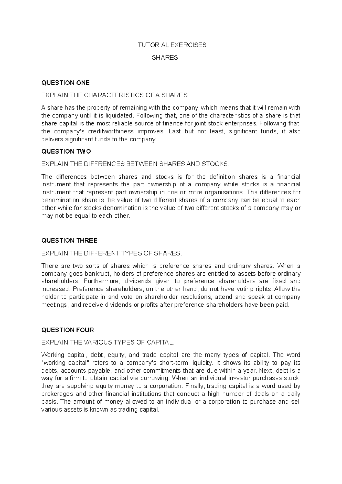 Tutorial Exercises Shares - TUTORIAL EXERCISES SHARES QUESTION ONE EXPLAIN THE CHARACTERISTICS ...