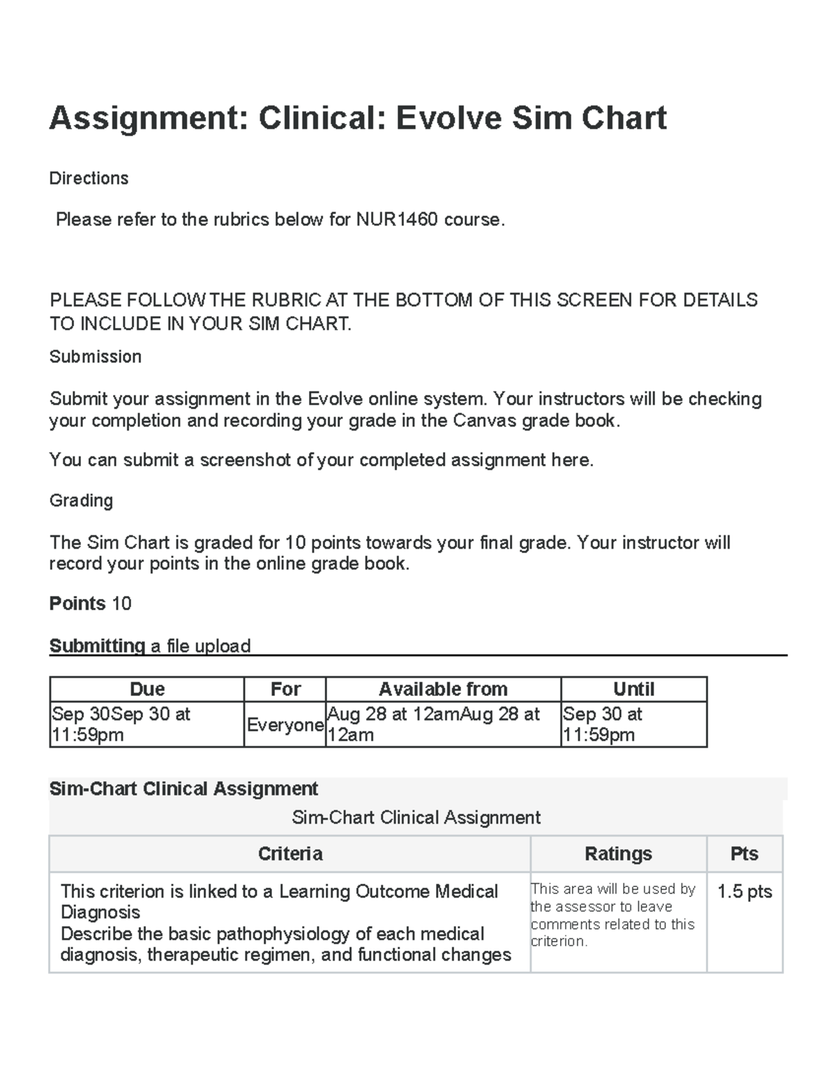 Assignment Clinical Evolve Sim Chart Grading Rubric - Assignment ...