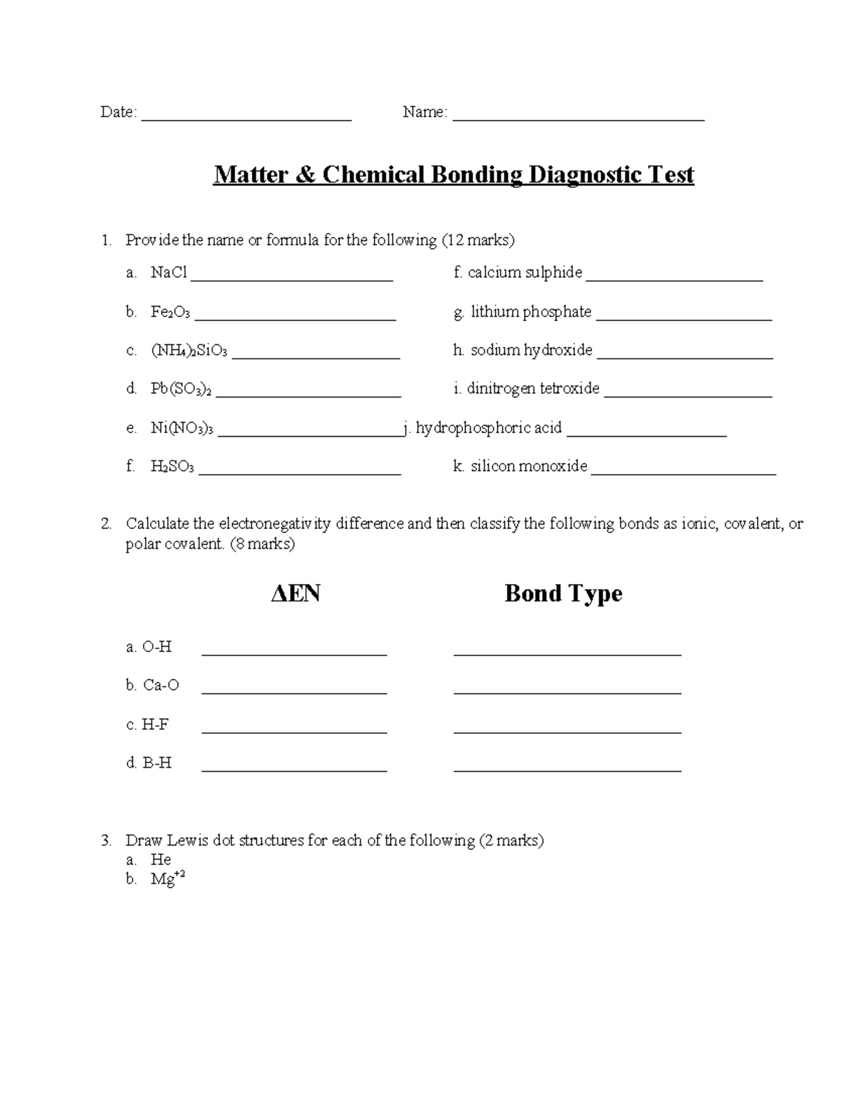 Matter & Chemical Bonding Diagnostic Test - Copy - Date ...