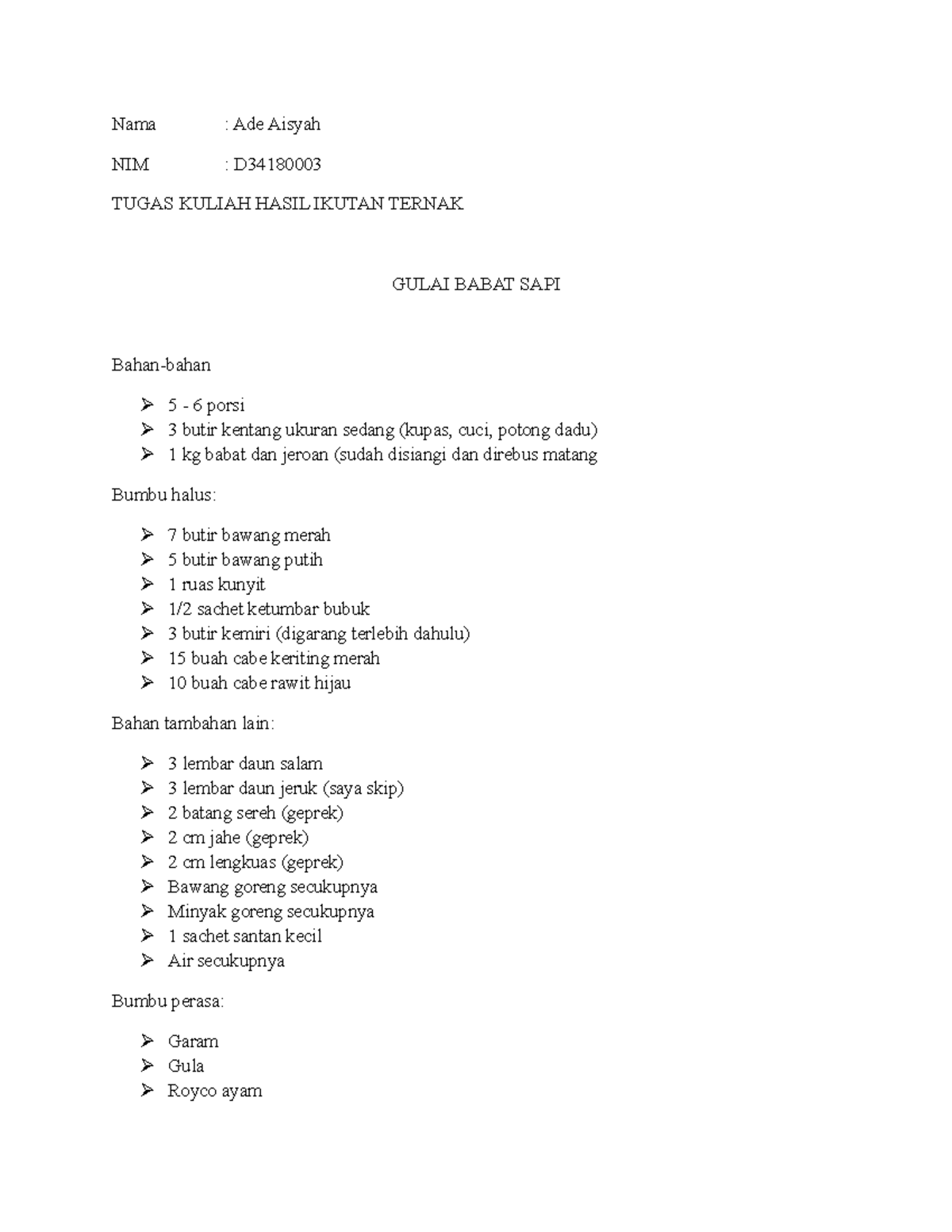 D34180003 Ade Aisyah Potensial Kuliner Hasil Ikutan Ternak - Nama : Ade Aisyah NIM : D TUGAS ...
