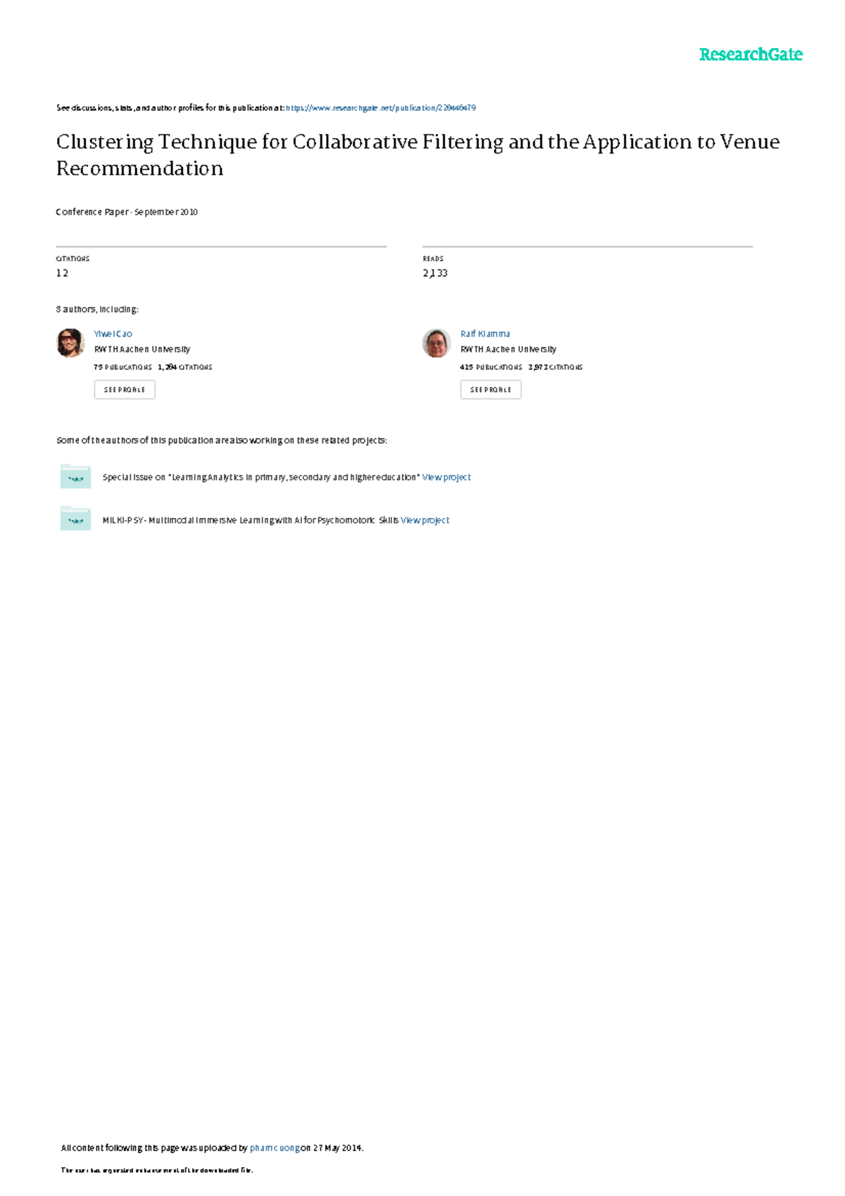 Clustering Technique For Collaborative Filtering A See Discussions