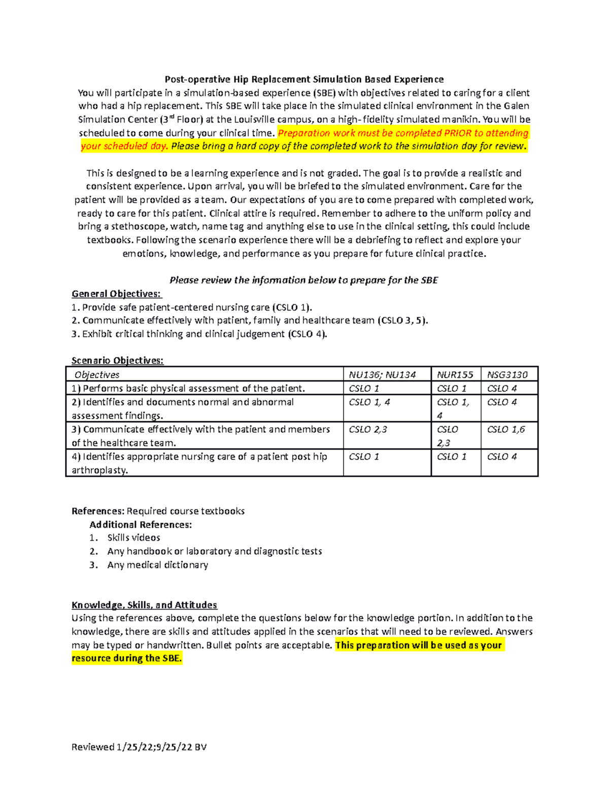 Learner Preparation Post-op Hip Replacement SBE Wi22-2 - Post-operative ...