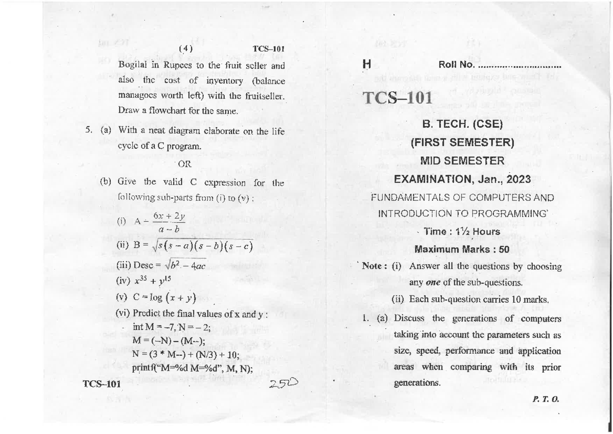 Tcs101 midsem 2023 late - Btech cse - Studocu