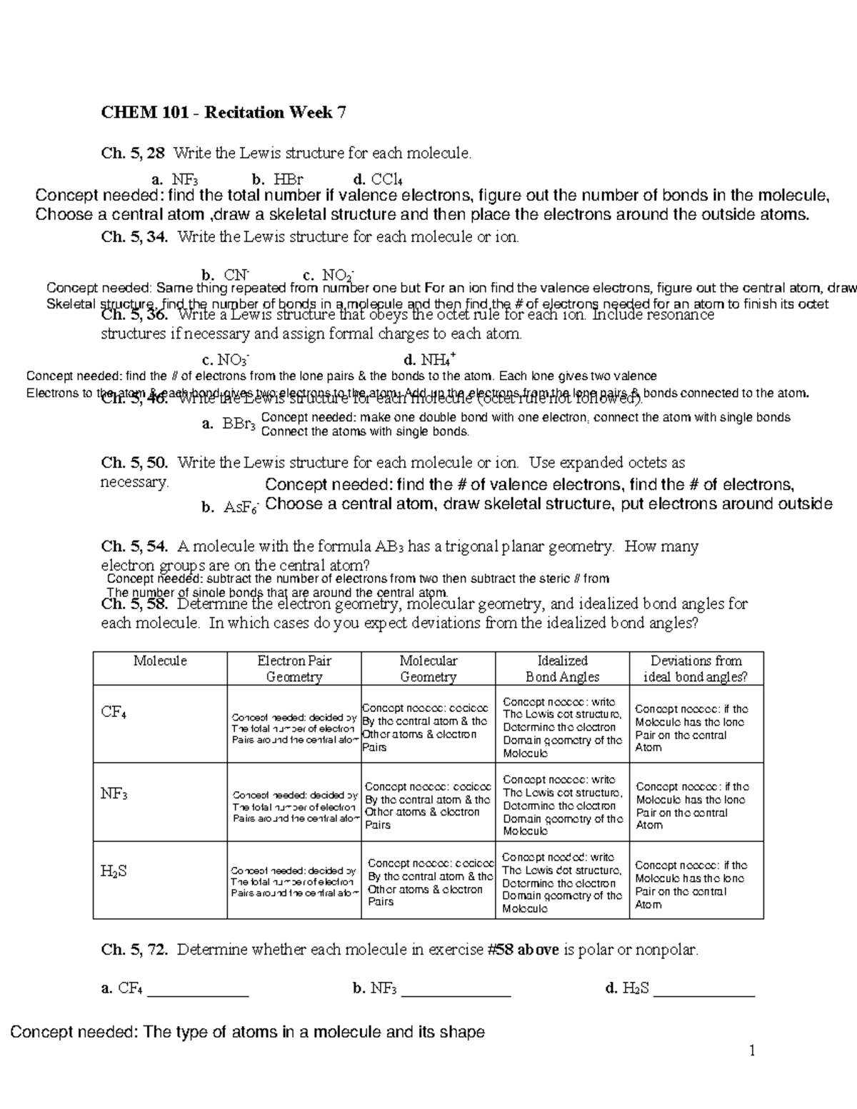 CHEM101 Recitation Week 7 - Tagged - CHEM 101 - Recitation Week 7 Ch. 5, 28 Write the Lewis ...