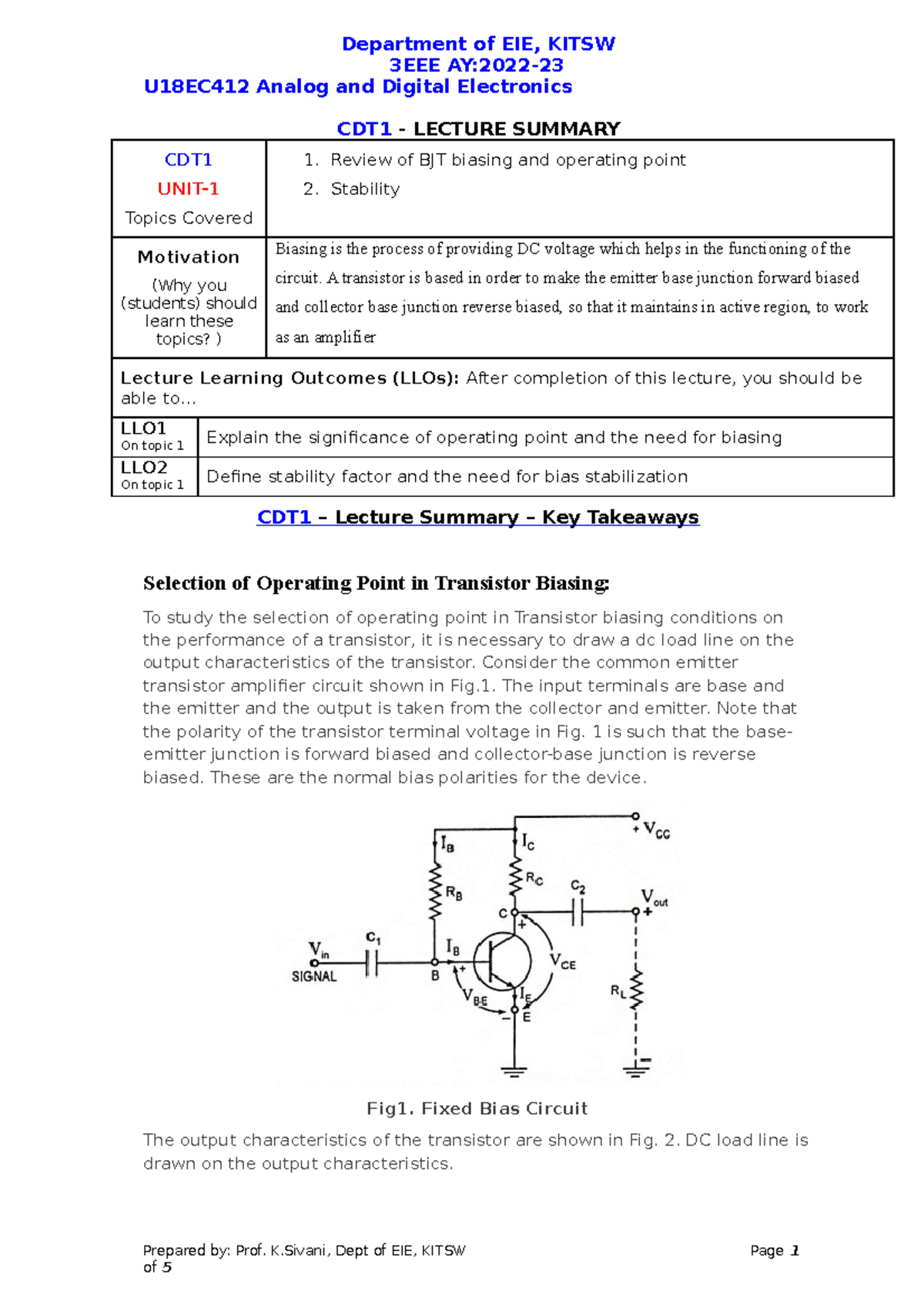ADE CDT1 Reviewof Biasing 2022-23 - 3EEE AY:2022- U18EC412 Analog and Digital Electronics CDT1 ...