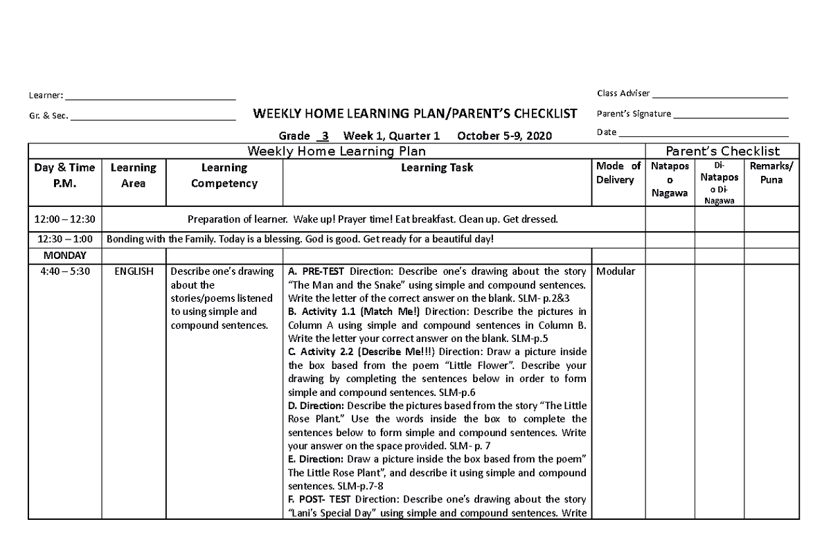 Q1 W1 Grade 3 Weekly Home Learning Plan Parents Checklist Form - WEEKLY ...