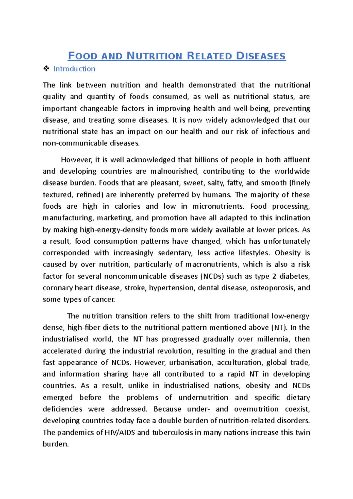 Note on food and nutrition related diseases - Total Quality Management ...