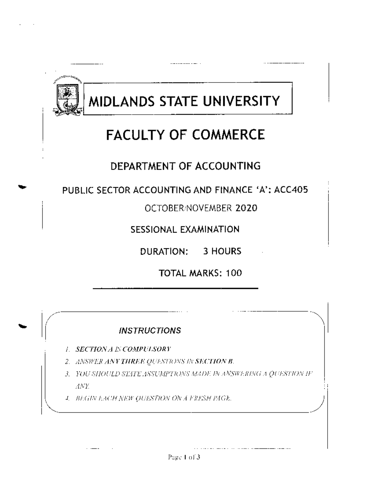 ACC405 NOV 2020 - public sector accounting past exam paper - Financial ...