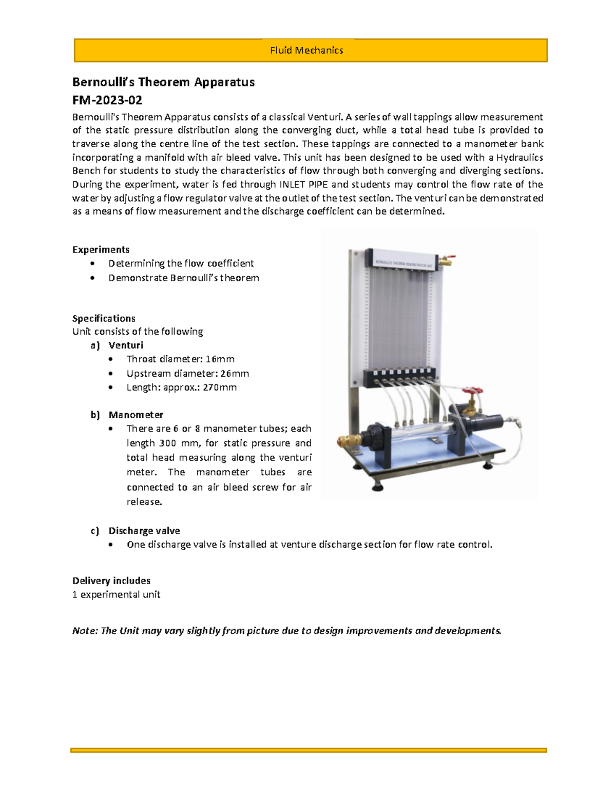 Bernoulli's theorem - Fluid Mechanics Bernoulli’s Theorem Apparatus FM ...