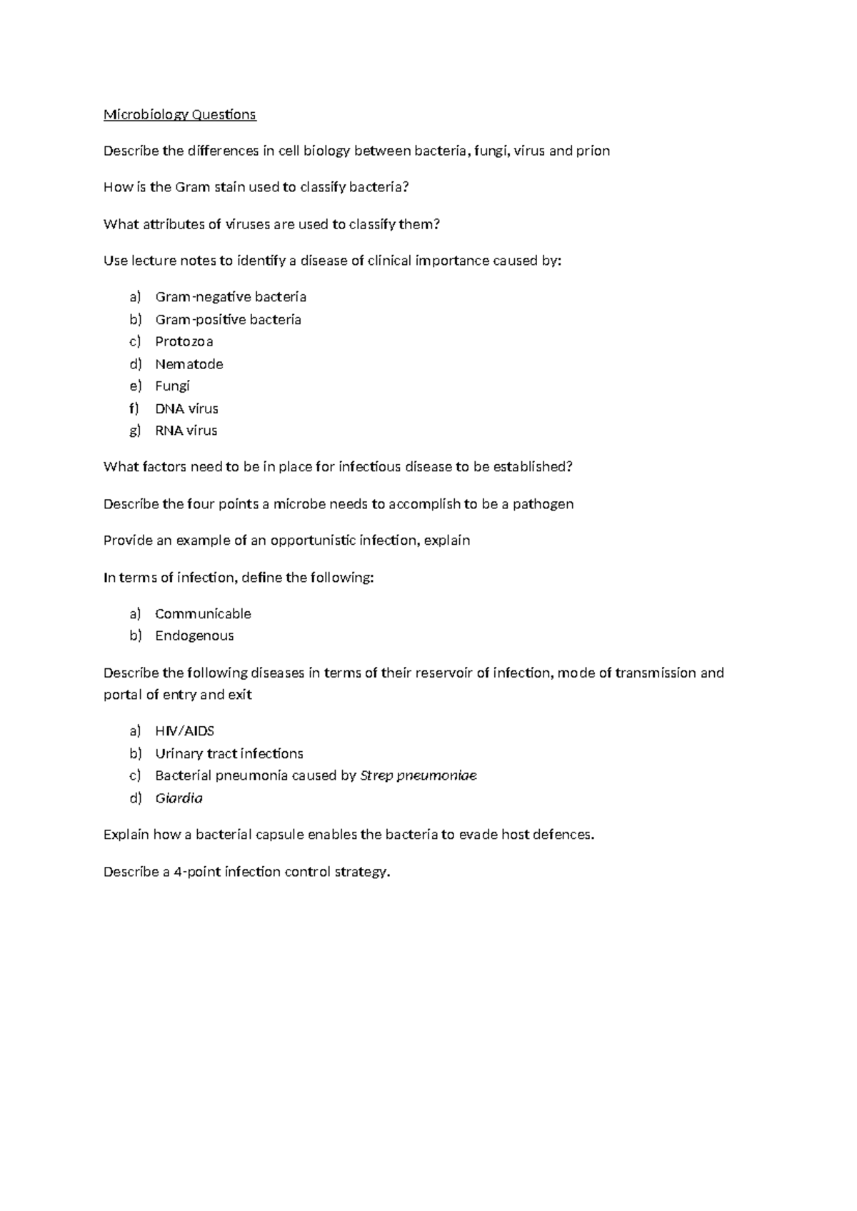 Microbiology revision questions - Microbiology Questions Describe the ...