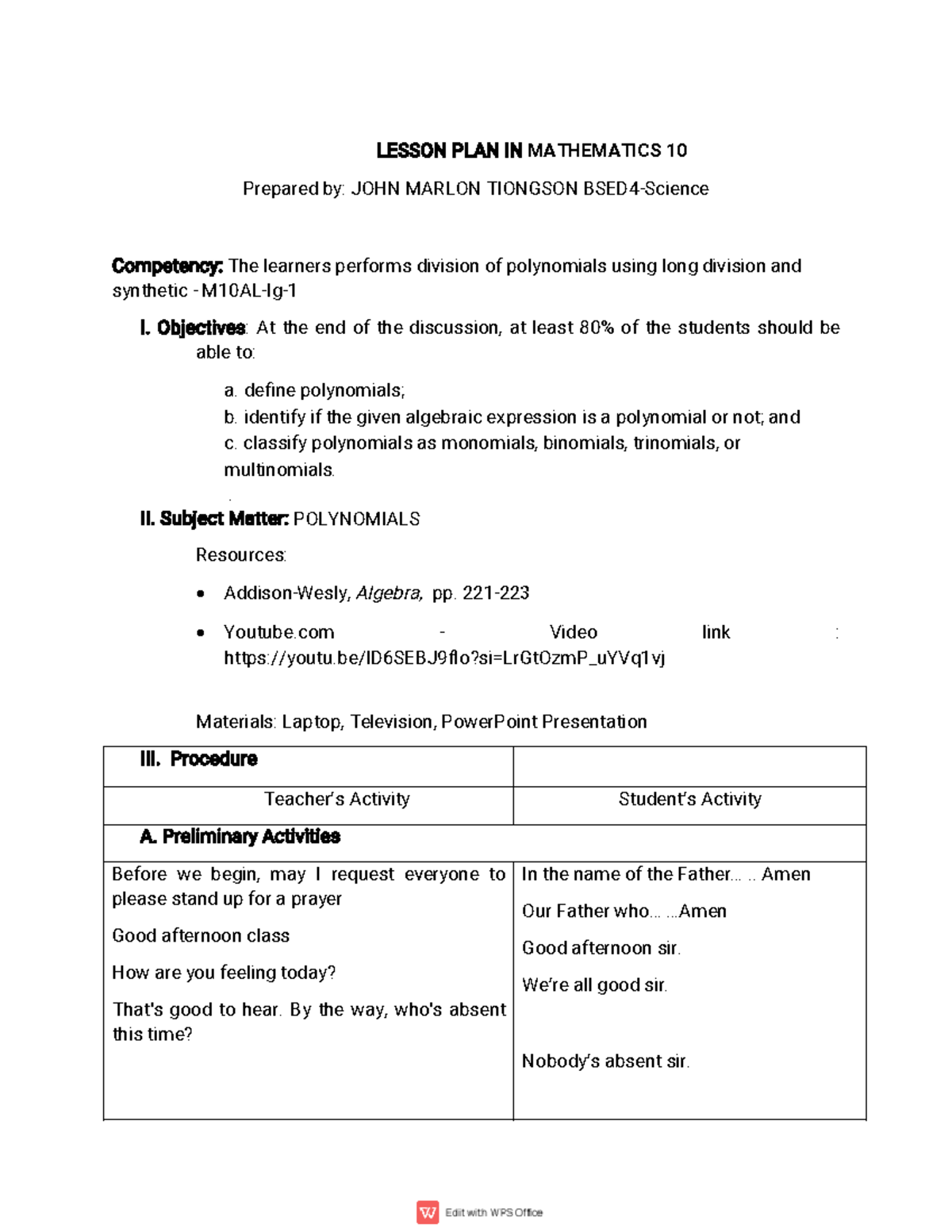 Polynomials and its Classifications - LESSON PLAN IN MATHEMATICS 10 ...