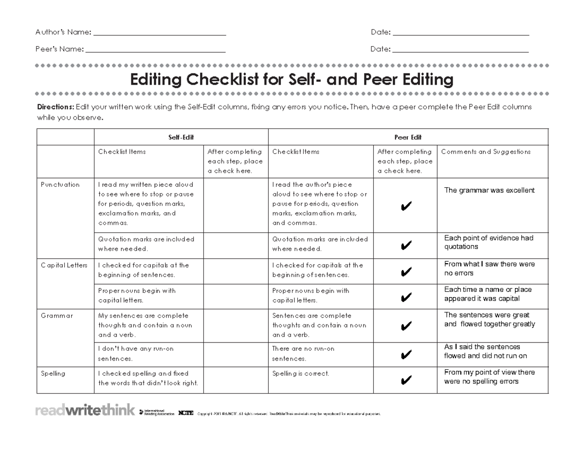 Editing Checklist - Then, have a peer complete the Peer Edit columns ...