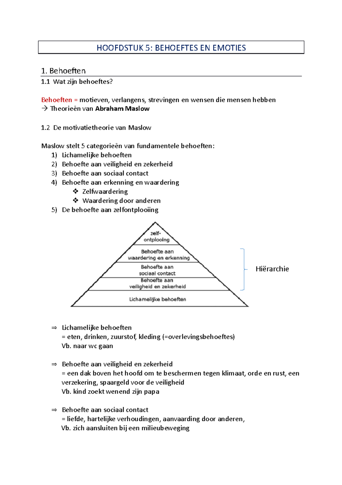 Hoofdstuk 5: Behoeftes en Emoties (GWW) - HOOFDSTUK 5: BEHOEFTES EN ...