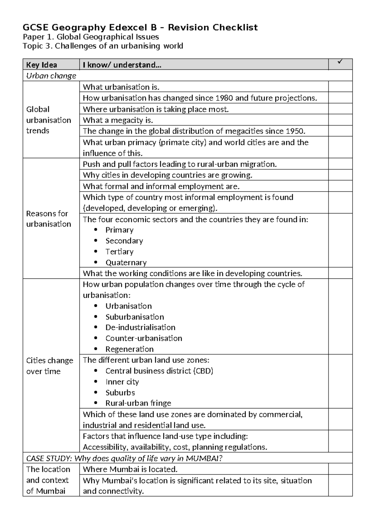 Challenges of an Urbanising World checklist - GCSE Geography Edexcel B ...