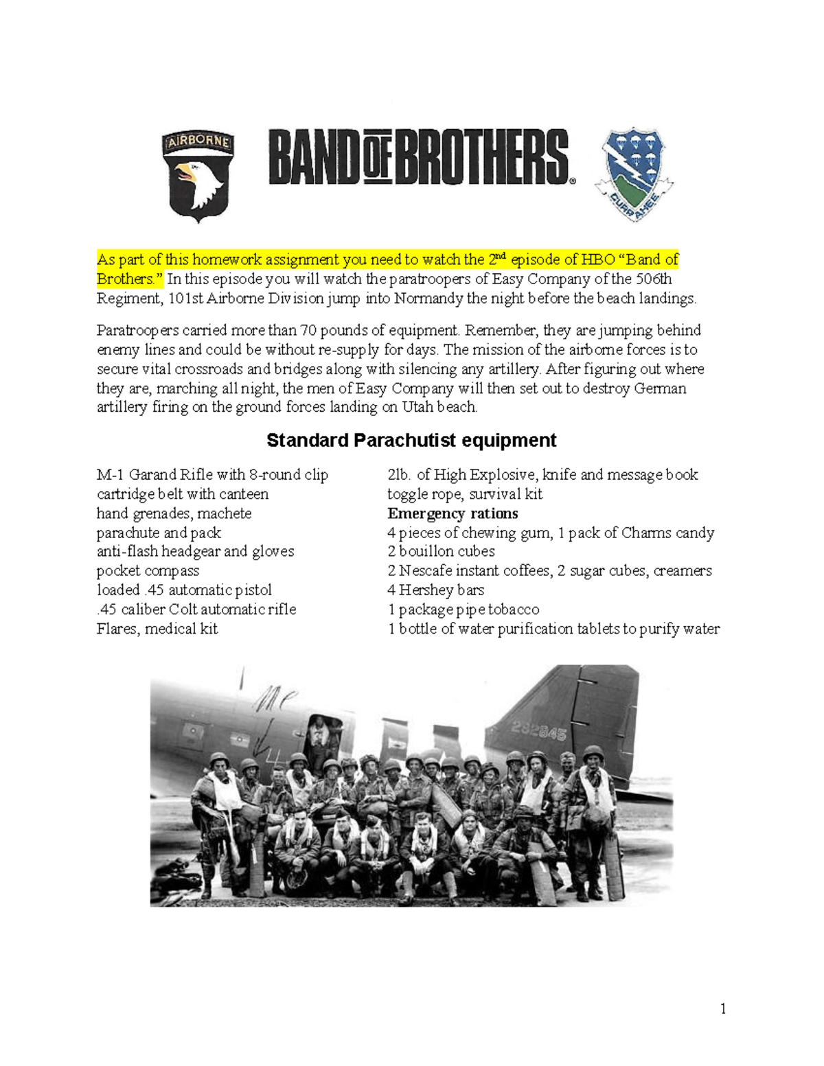HW 31 Paratroopers on D Day Easy Co Band of Brothers - As part of this ...