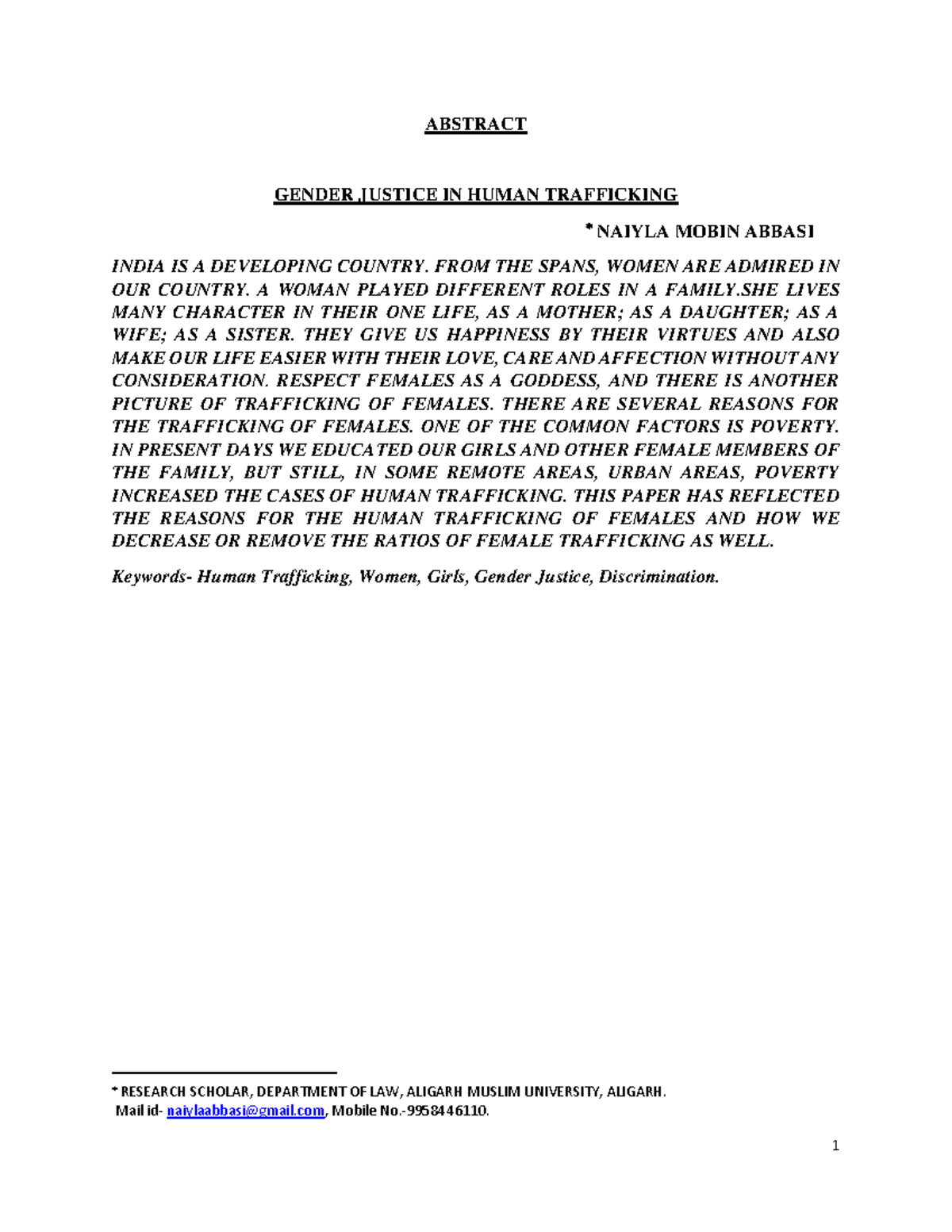 Gender Justice IN Human Trafficking - ABSTRACT GENDER JUSTICE IN HUMAN ...