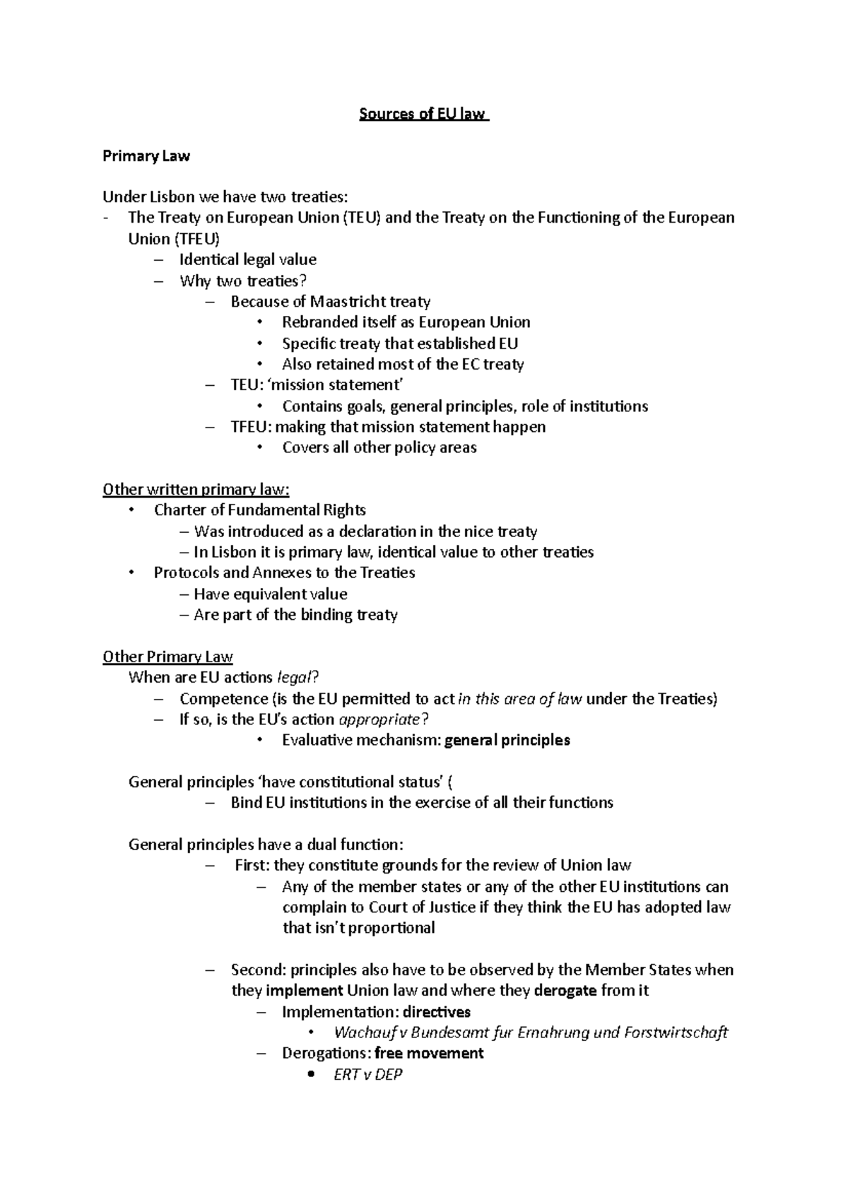 Sources Of Eu Law Notes Sources Of Eu Law Primary Law Under Lisbon We Have Two Treaties The