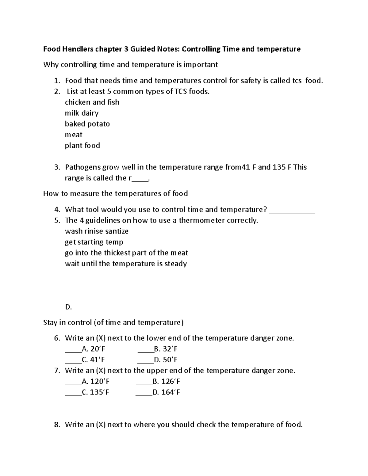 ESCH Food Handlers chapter 3 Guided Notes - List at least 5 common ...