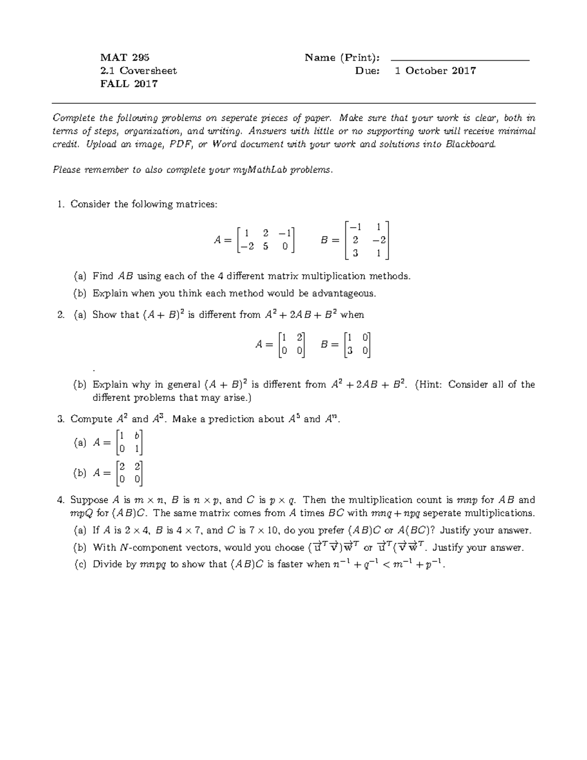 MAT 295 Homework 5 - MAT 295 Name (Print): 2 Coversheet Due: 1 October ...