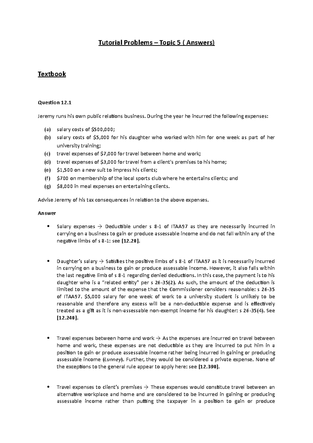 Tutorial Problems- Topic 5 - Answers - Tutorial Problems Topic 5 ( Answers) Textbook Question 12 ...