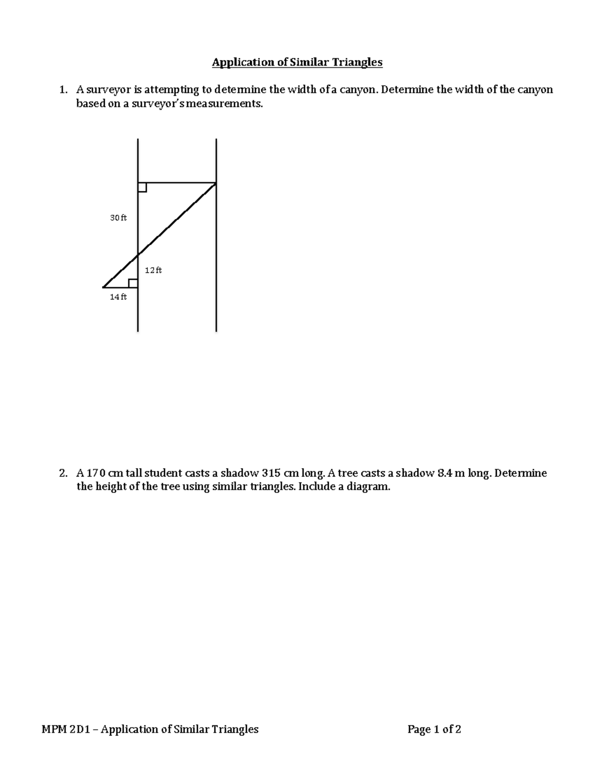 10D 6.3 Application of Similar Triangles - MPM 2D1 – Application of ...