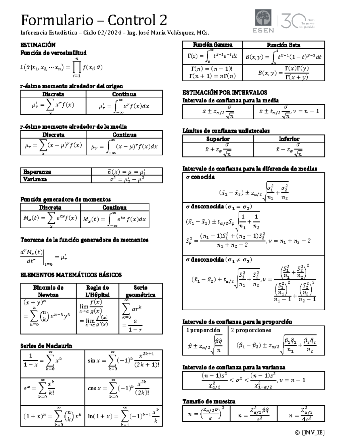 Formulario Control 2 - © {JMV_IE} Formulario – Control 2 Inferencia Estadística – Ciclo 02/20 24 ...