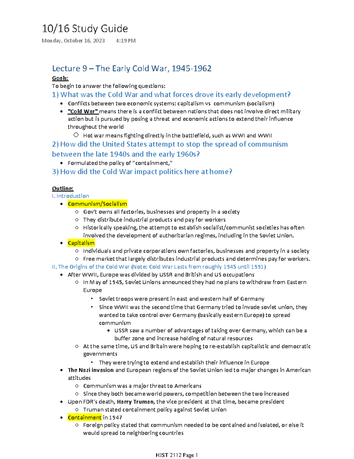 1016 Study Guide - Prof Amsterdam Lecture 9 - The Early Cold War 1945 ...