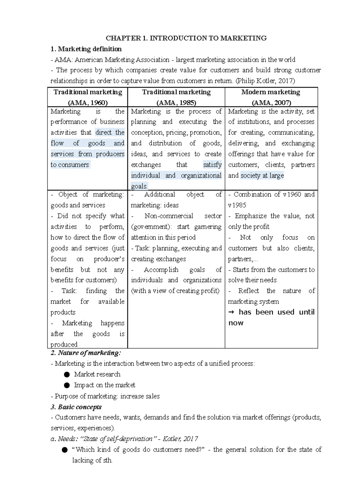 MKT-ghi-chép - note in class - CHAPTER 1. INTRODUCTION TO MARKETING ...