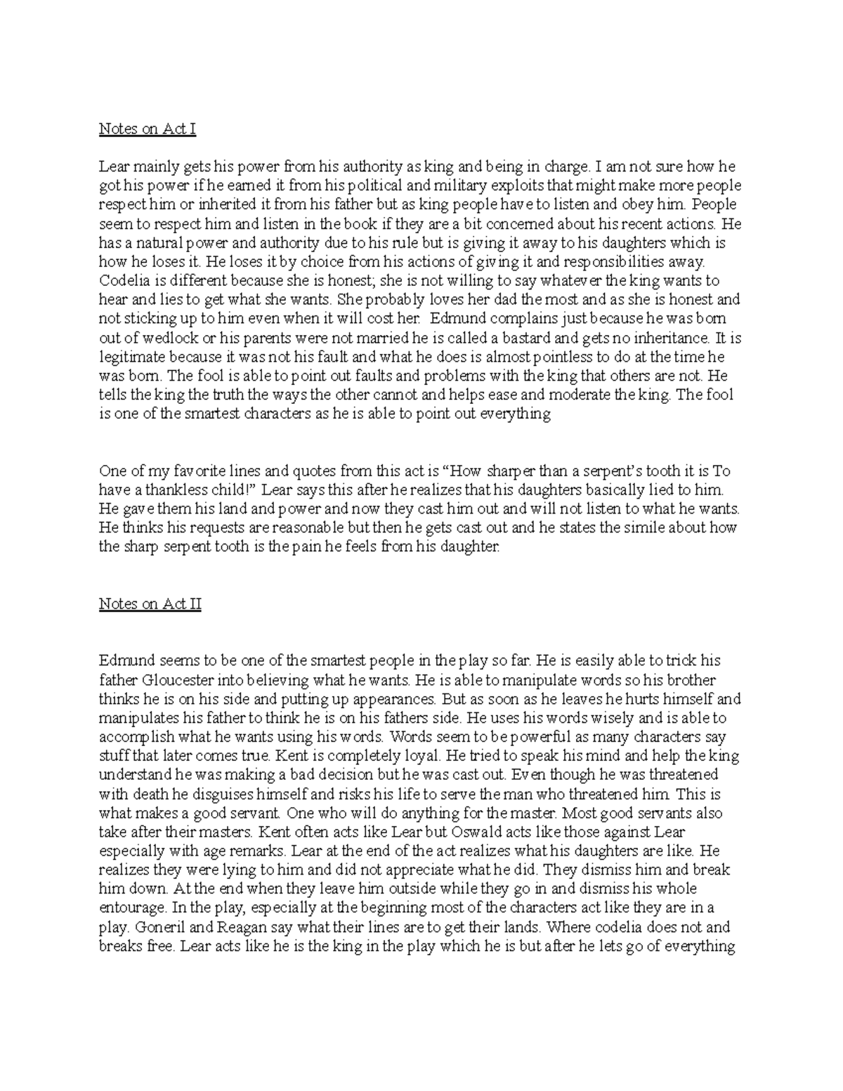 King Lear summaries - King Lear - Notes on Act I Lear mainly gets his ...