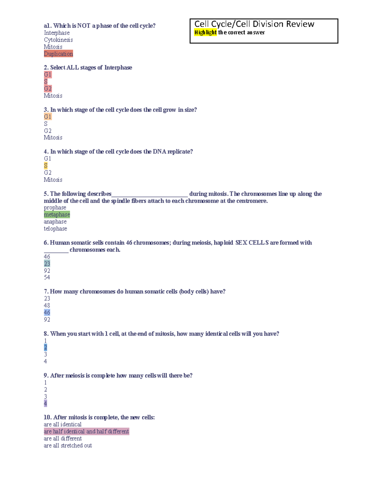 Ashlee Jackson - Cell Cycle-Cell Division Review HW-CW - a1. Which is ...