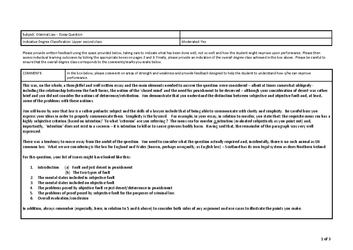 Criminal-Evaluation Form Essay Upper - 1 of 3 Subject: Criminal Law ...