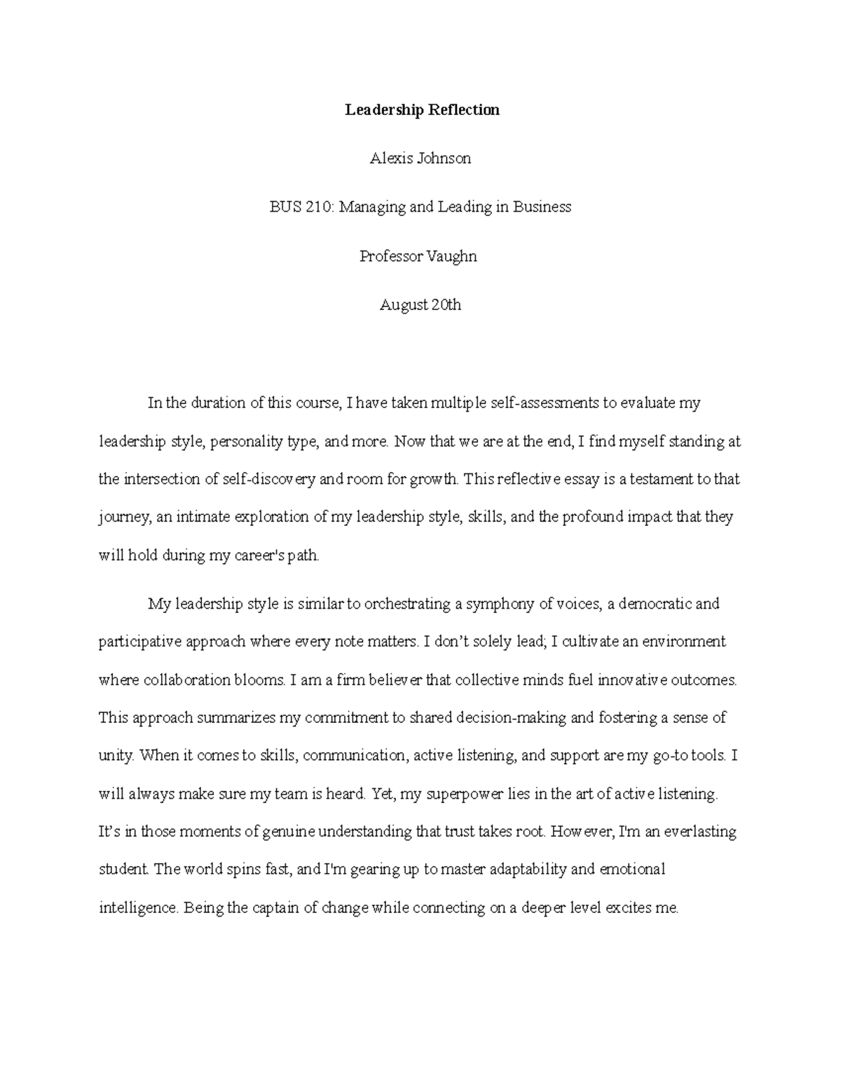 Alexis Johnson Leadership Reflection - Leadership Reflection Alexis ...