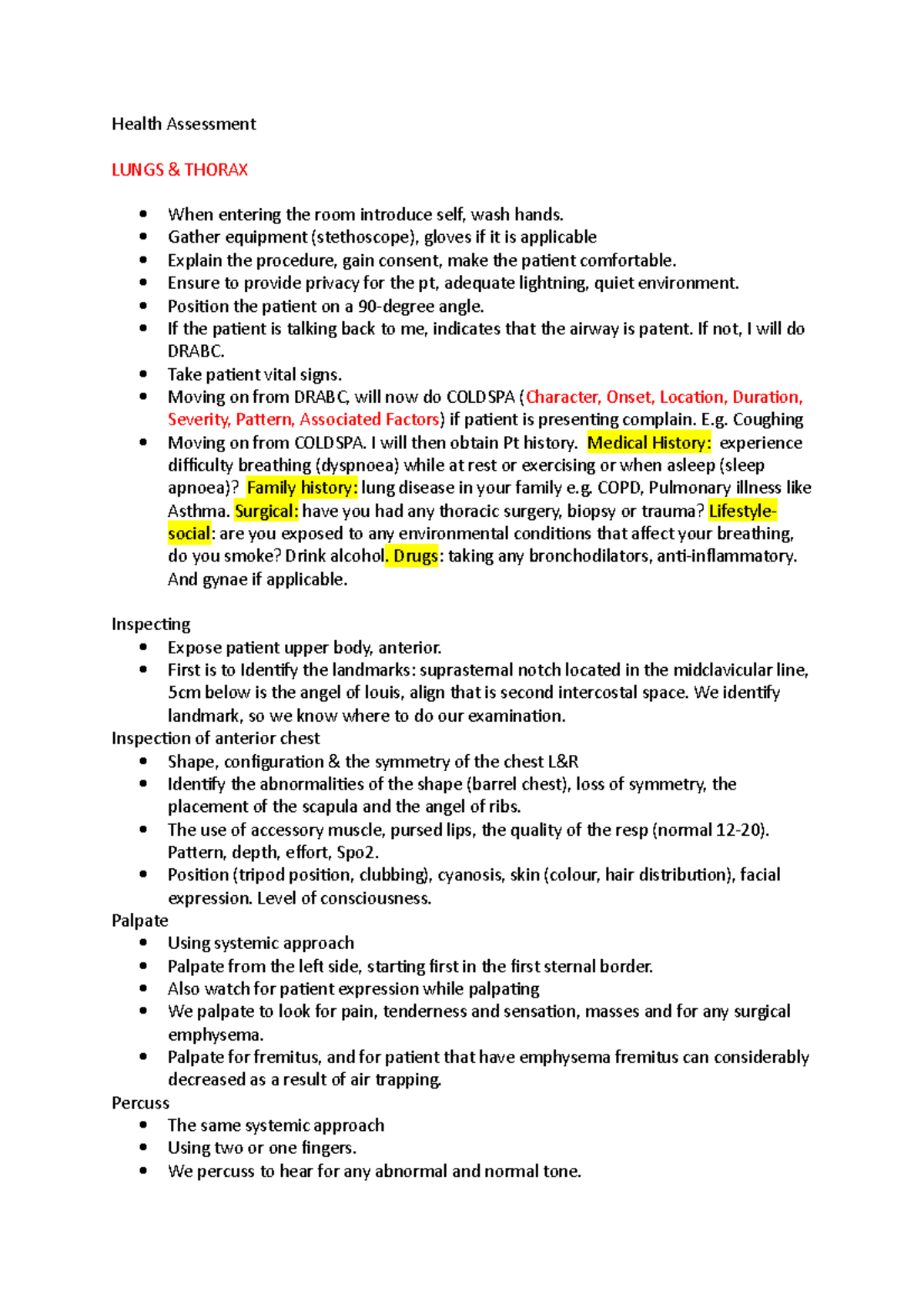 Physical Health Assessment- Four body systems - Health Assessment LUNGS ...