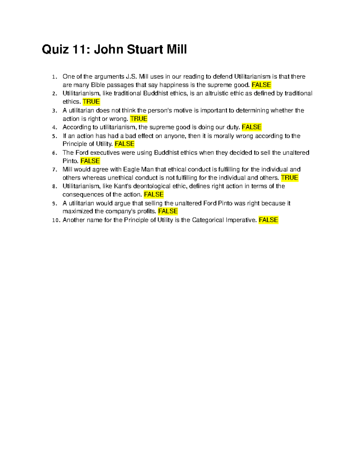 Quiz 11 - John Stuart Mill - Quiz 11: John Stuart Mill One of the ...