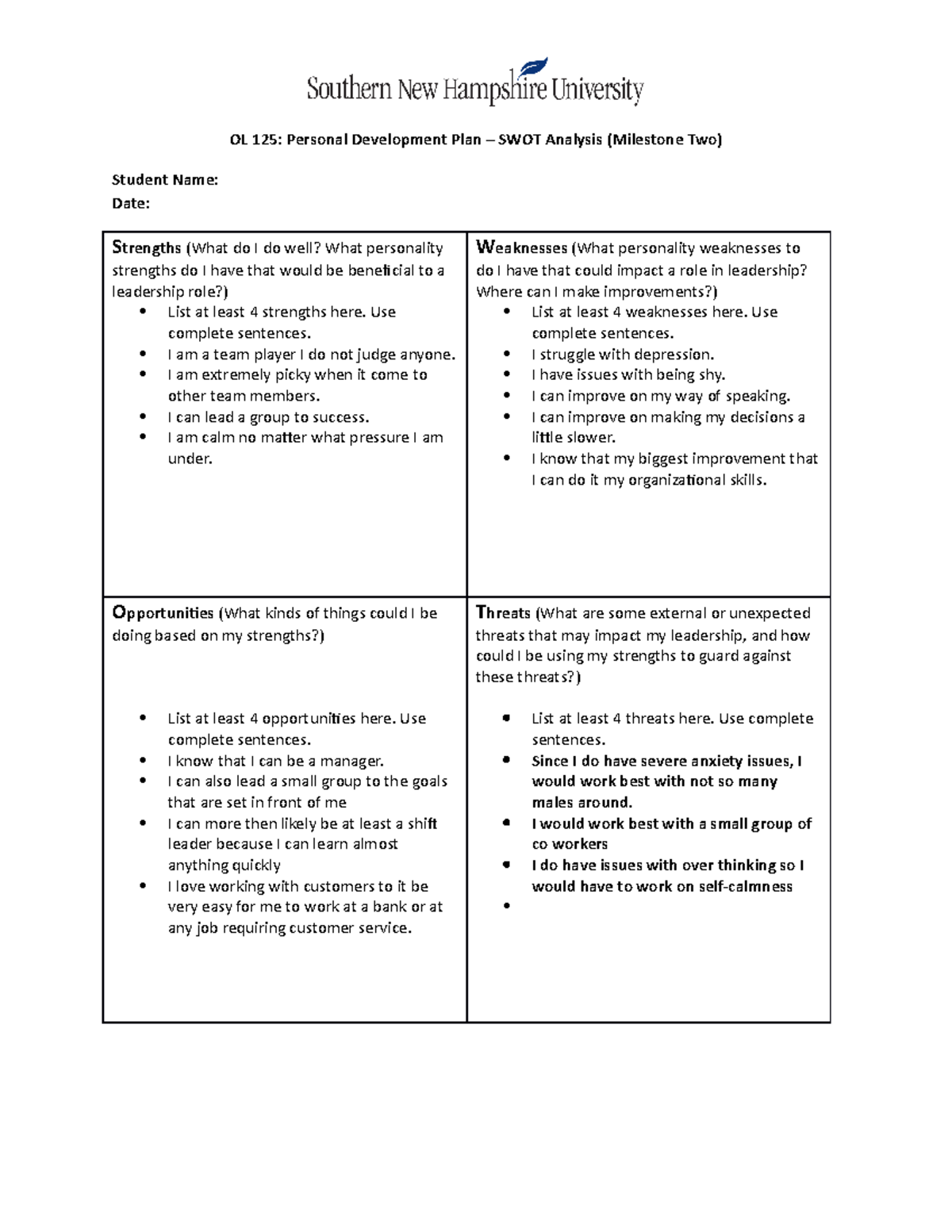 OL 125 Final Milestone Two Template Done - OL 125: Personal Development ...