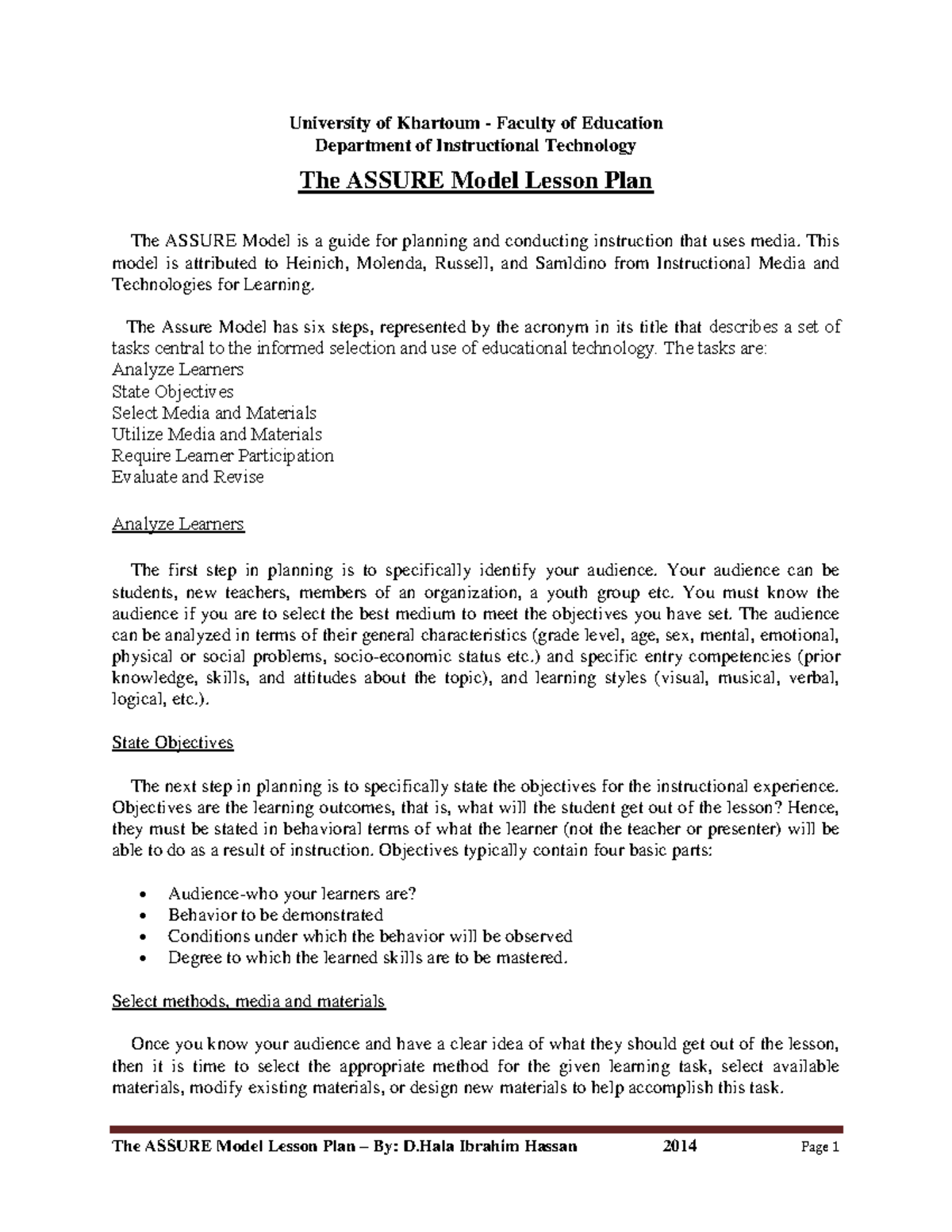 Assure Model Lesson Plan - University of Khartoum - Faculty of ...
