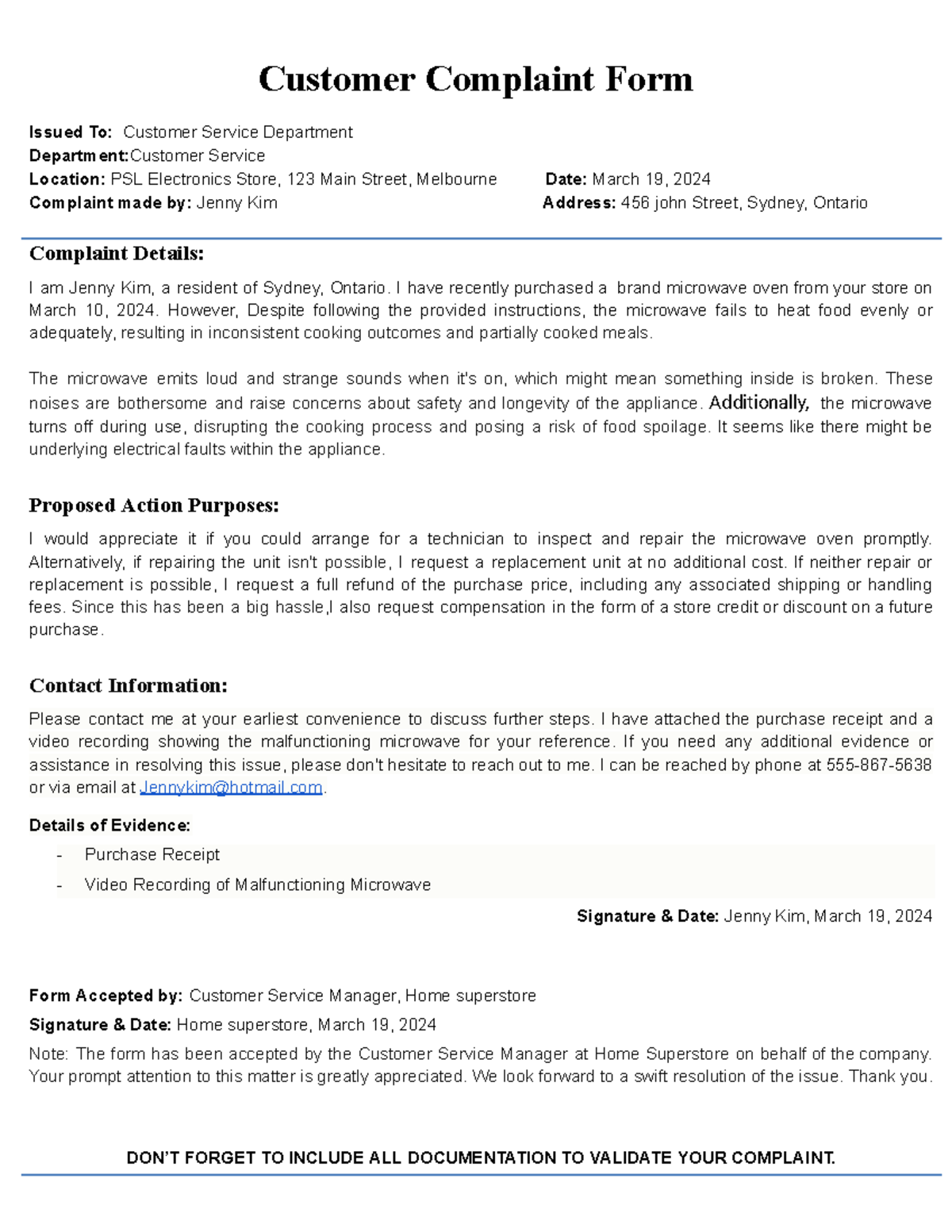 Customer Complaint Form - Customer Complaint Form Issued To: Customer ...