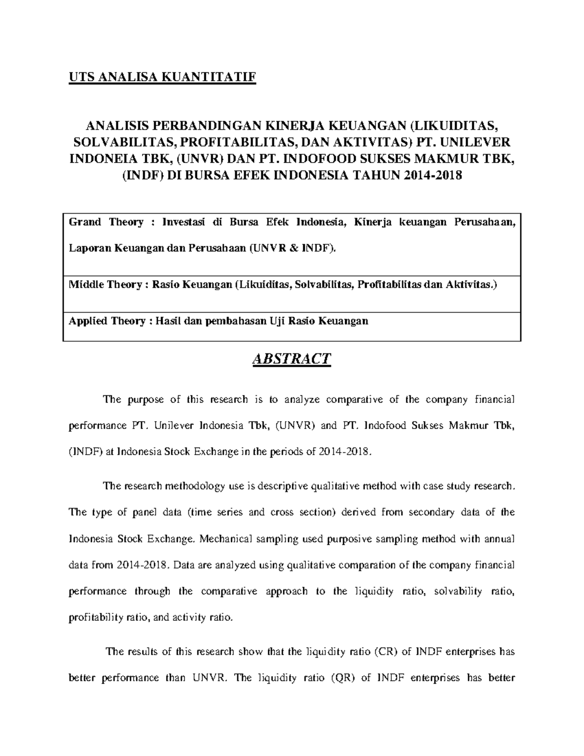 UTS 1 Analisa Kuantitatif - UTS ANALISA KUANTITATIF ANALISIS PERBANDINGAN KINERJA KEUANGAN - Studocu