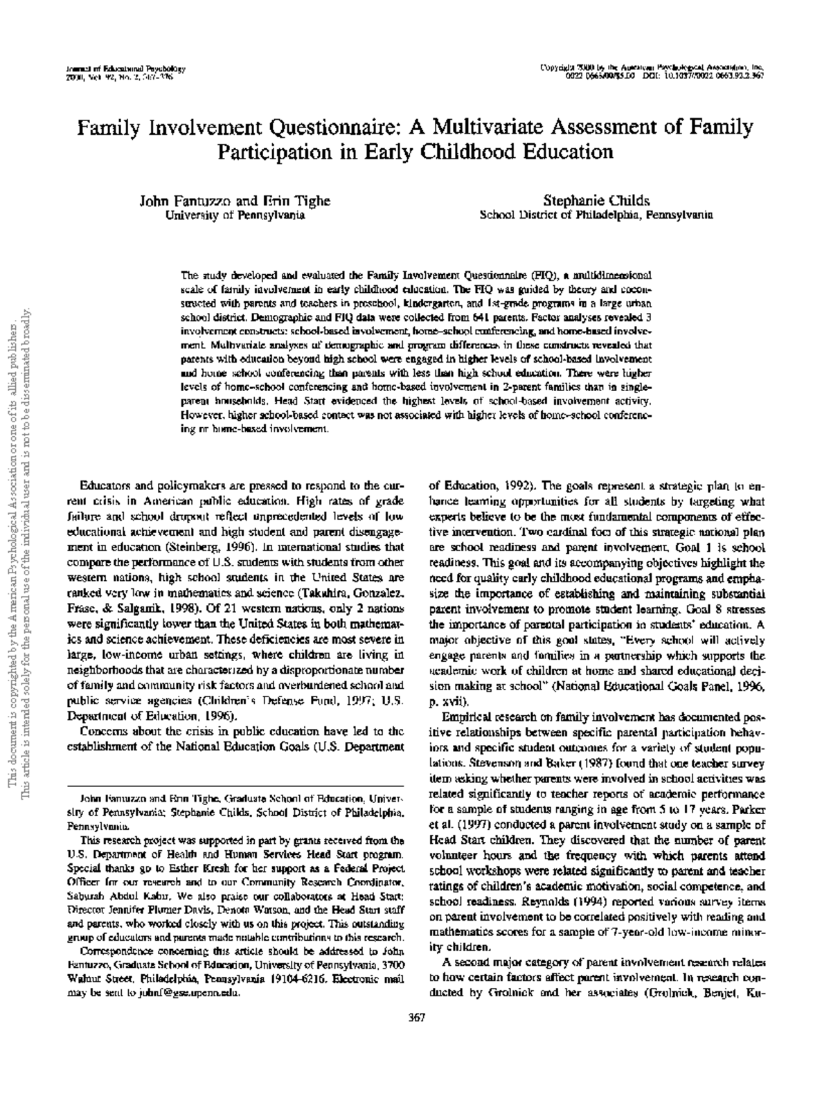 Family Involvement Questionnai - Journal of Educational Psychology 2000 ...