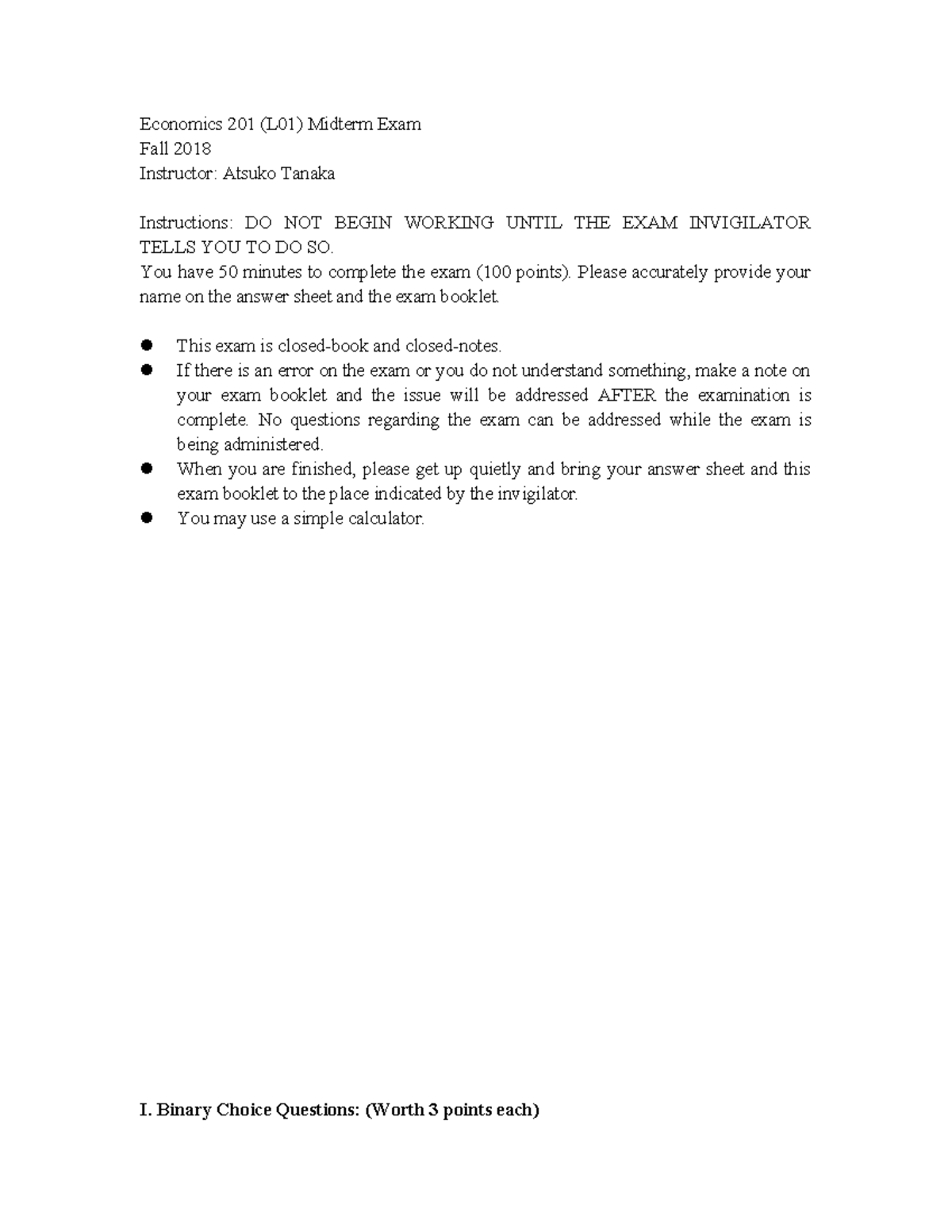 AKmidterm 1 fall2018 - practice midterm - Economics 201 (L01) Midterm ...