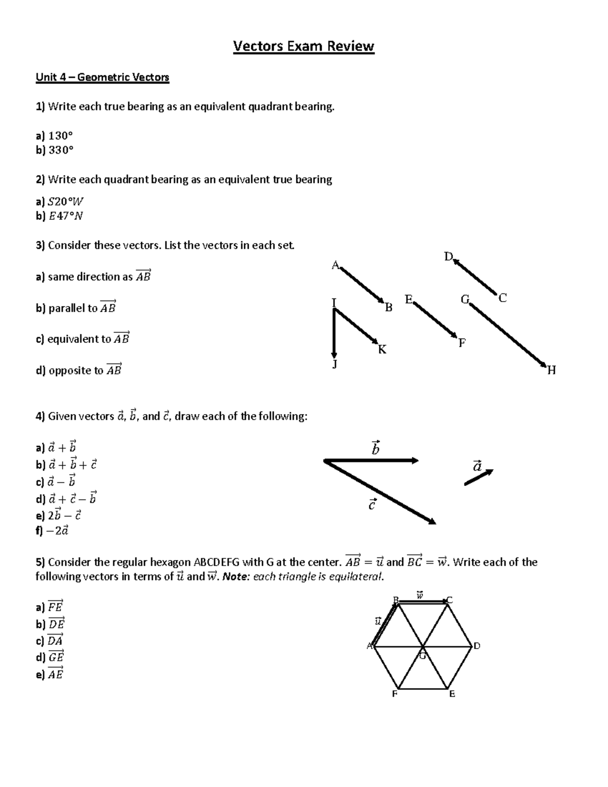 Vectors+Exam+Review+U4 - A B C D E F G H I J K a b c A B C D F E G u w ...