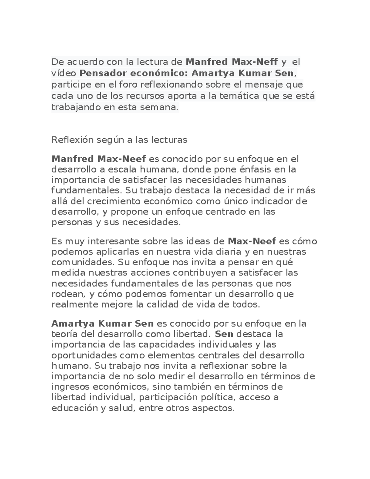 Reflexión - Resumen Desarrollo a escala humana - De acuerdo con la ...