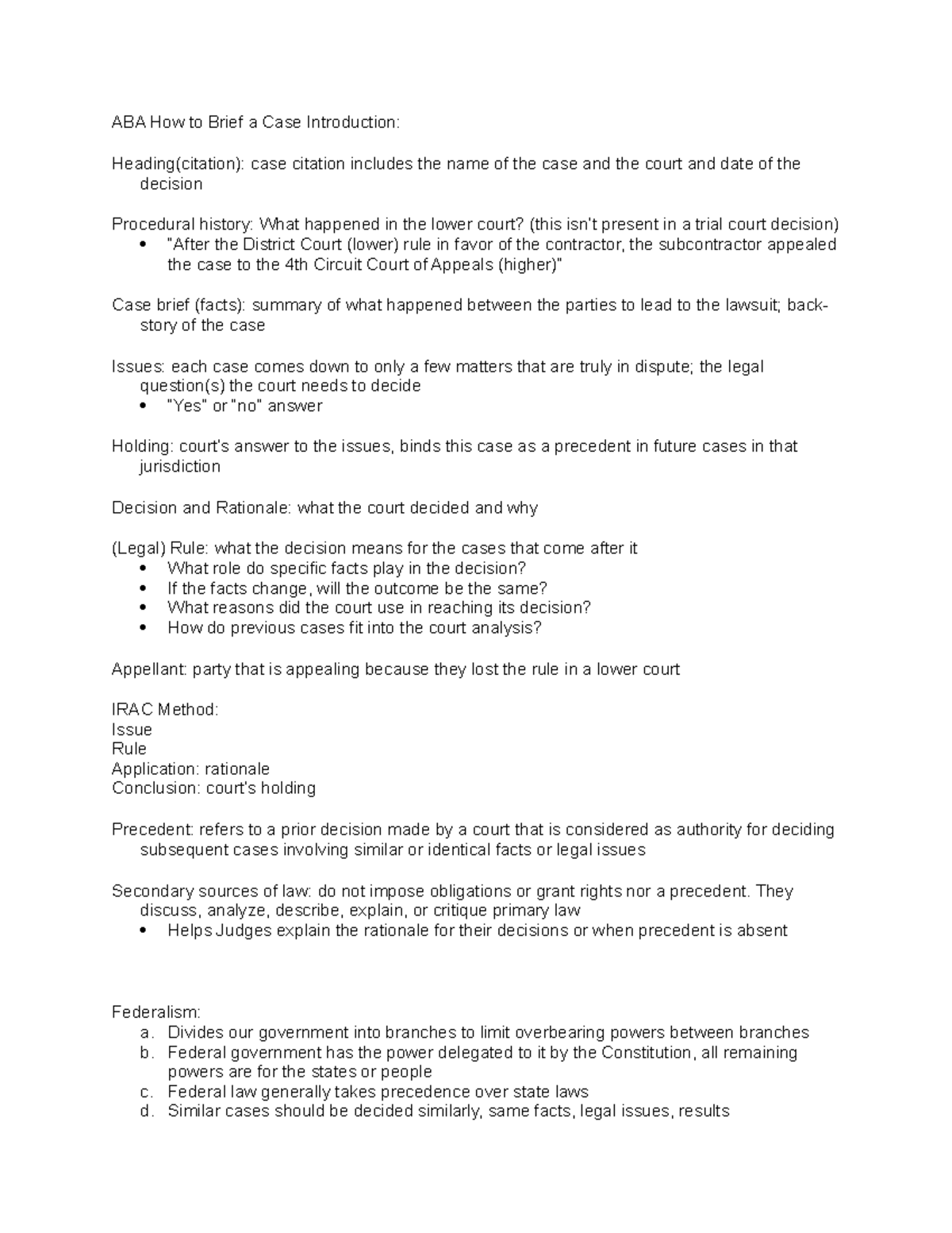 L201 Notes Test 1 - ABA How to Brief a Case Introduction: Heading ...