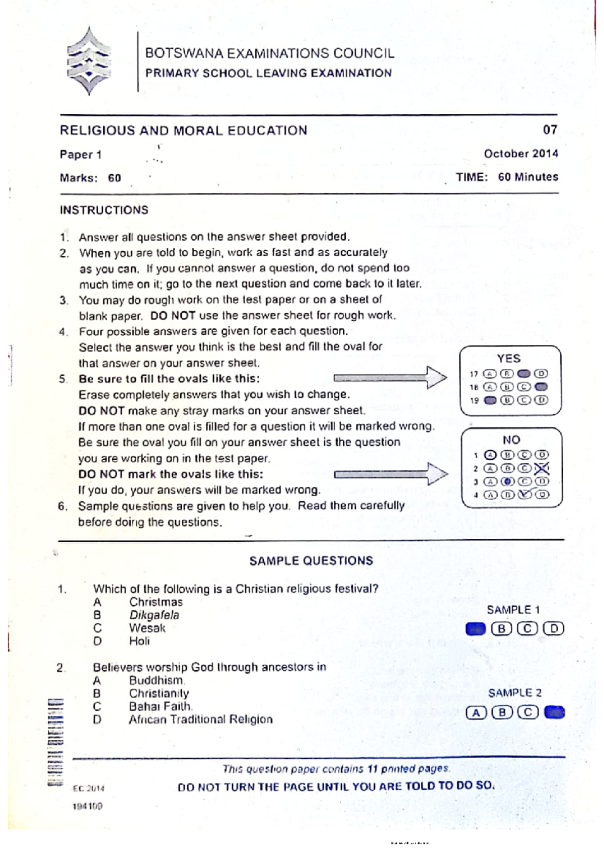 737228111 PSLE RME 2014 - BOTSWANA EXAMINATIONS COUNCIL PRIMARY SCHOOL ...