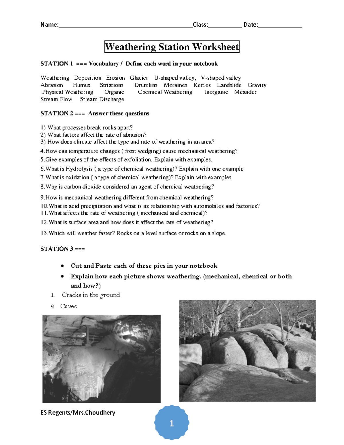 Weathering Station Worksheet - ES Regents/Mrs Weathering Station ...