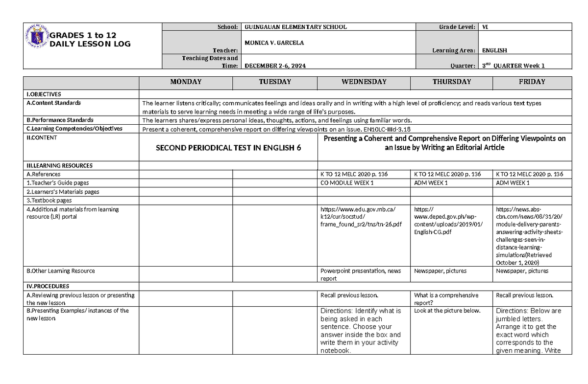 DLL English 6 Q3 W1 - NOTES - GRADES 1 to 12 DAILY LESSON LOG School ...