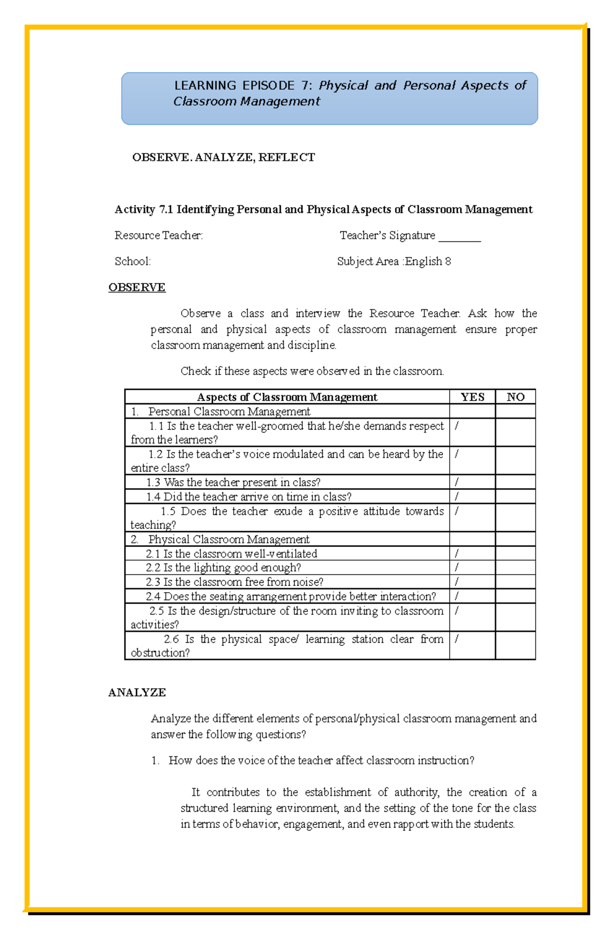 Episode 7 - OBSERVE. ANALYZE, REFLECT Activity 7 Identifying Personal ...